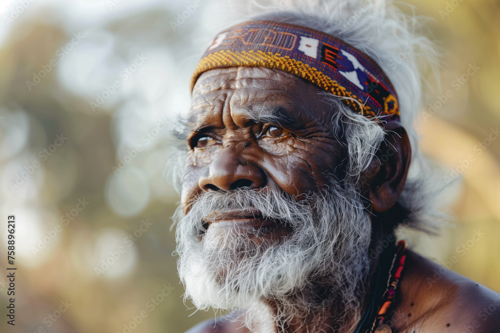 An elderly, older indigenous Aboriginal Australian man staring at the ...
