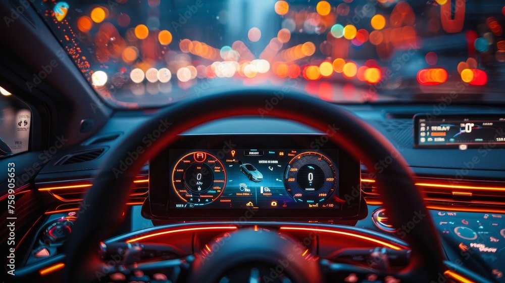 IoT (Internet of Things). Autonomous car with touch screen. HUD (Head ...