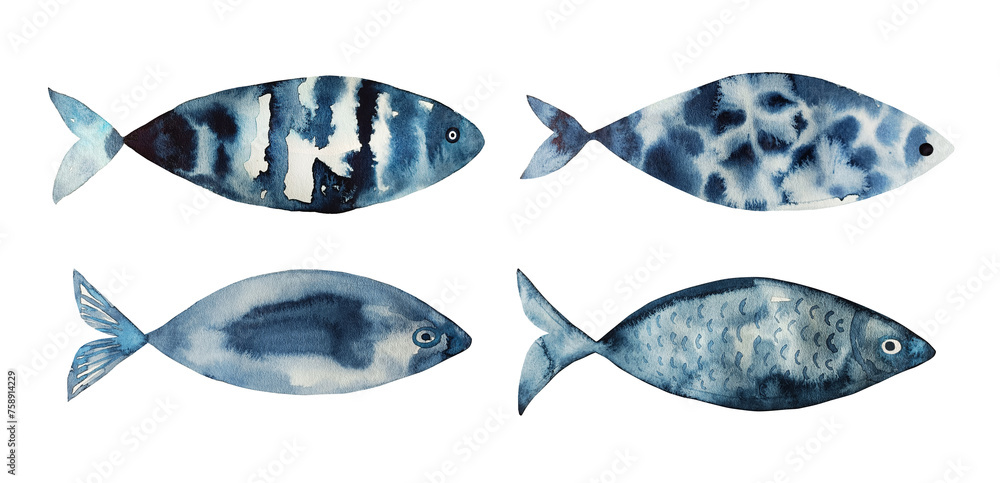 Watercolor set of the hand drawn blue fishes isolated on white ...