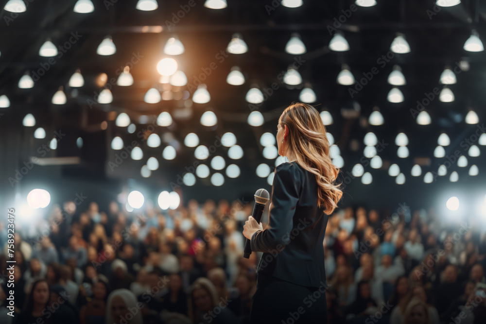 Female Motivational Speaker on Stage, Talking about Happiness ...