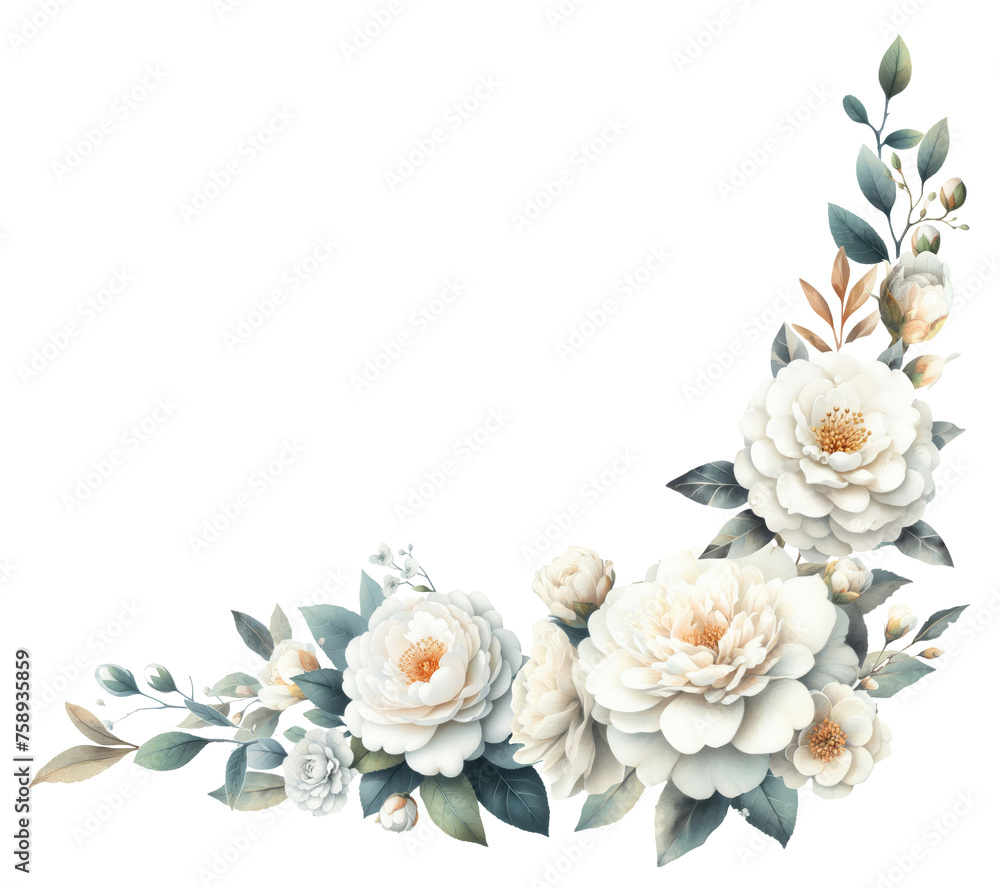 Corner floral frame wreath, vignette, white spring roses, camellia ...