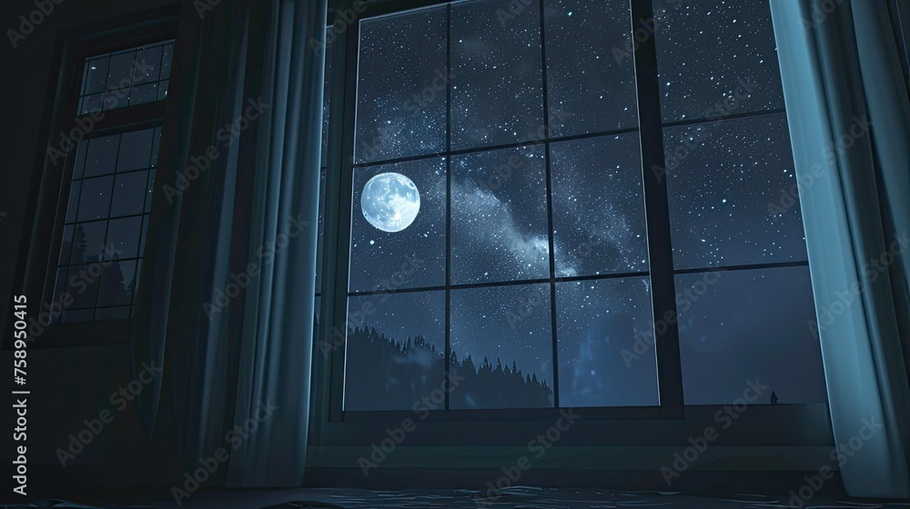 the night sky visible through the large window appears realistic by ...