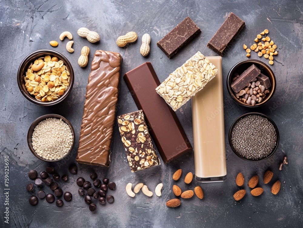 Monochromatic protein bar and shake composition, centered on the ...