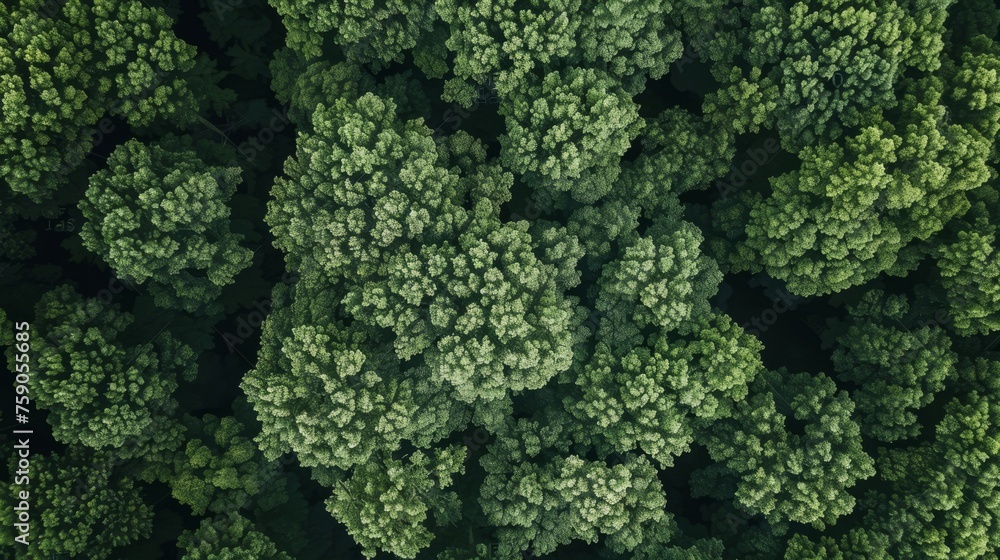Aerial view of green trees in the forest. Dense green trees absorb ...