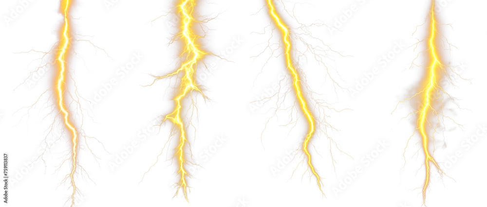 Yellow Lightning bolt strike set. Isolated transparent background. Zeus ...
