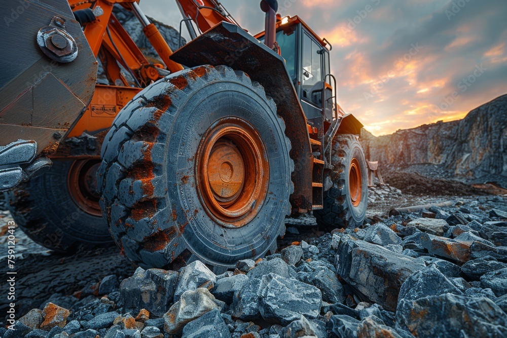 Heavy machinery works at a construction site during sunset near rocky ...