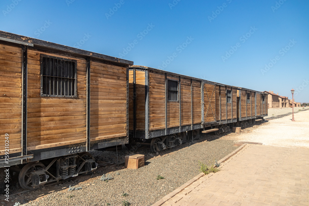 Wagons at the train station of former Hejaz (Hijaz) Railway near Al Ula ...
