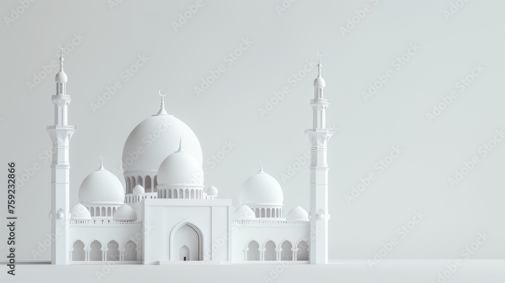 A miniature mosque with domes and minarets, a small white mosque taken ...