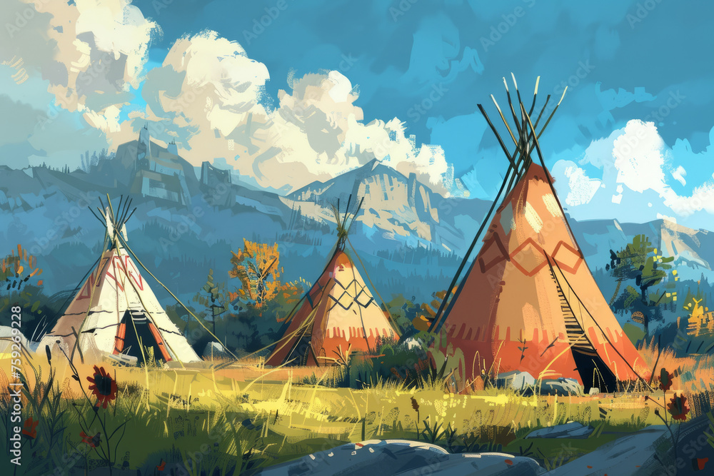 Artistic rendering of first nations tipis. Stock Illustration | Adobe Stock