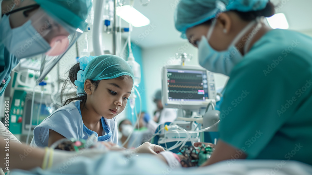 Child labor day concept. Child as doctor and nurse treating patients at ...