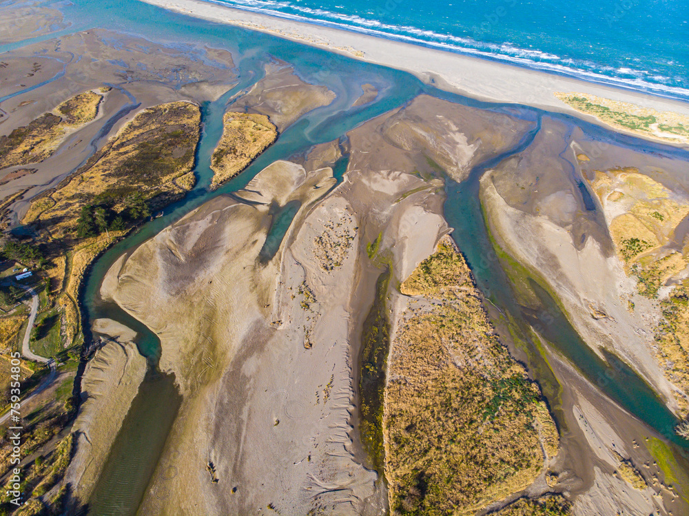 aerial panorama of ashley river mouth and waikuku beach in canterbury ...