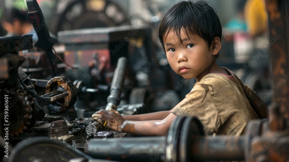 a young asian chinese kid working in a manufactory, illegal child ...