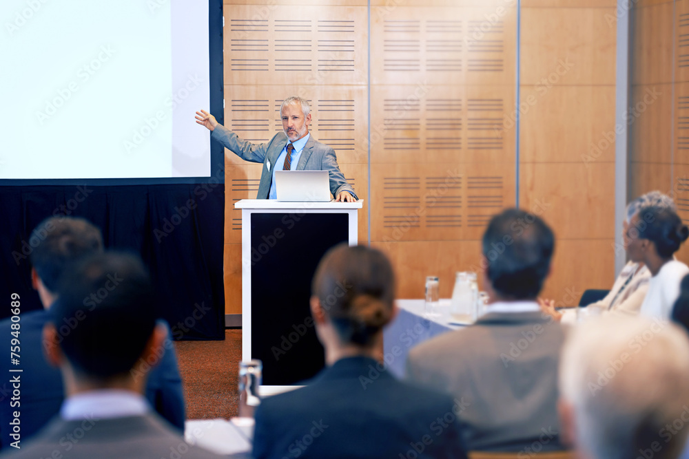 Senior, businessman and spokesperson with presentation on projector for ...
