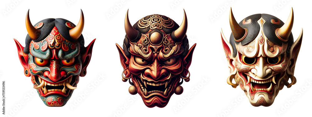 Cut out set of Japanese Demon Mask Isolated on Transparent or White ...