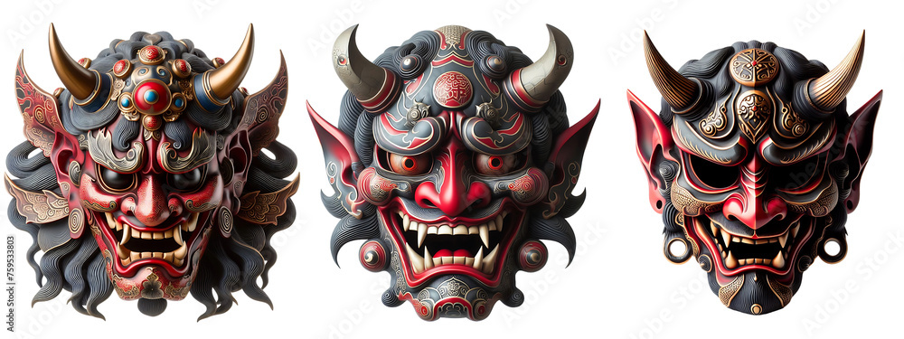 Cut out set of Japanese Demon Mask Isolated on Transparent or White ...