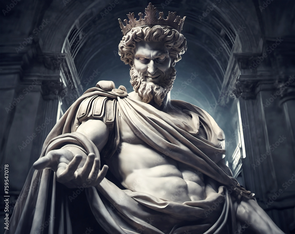 Statue of a vile roman emperor with malicious smile and his hand ...