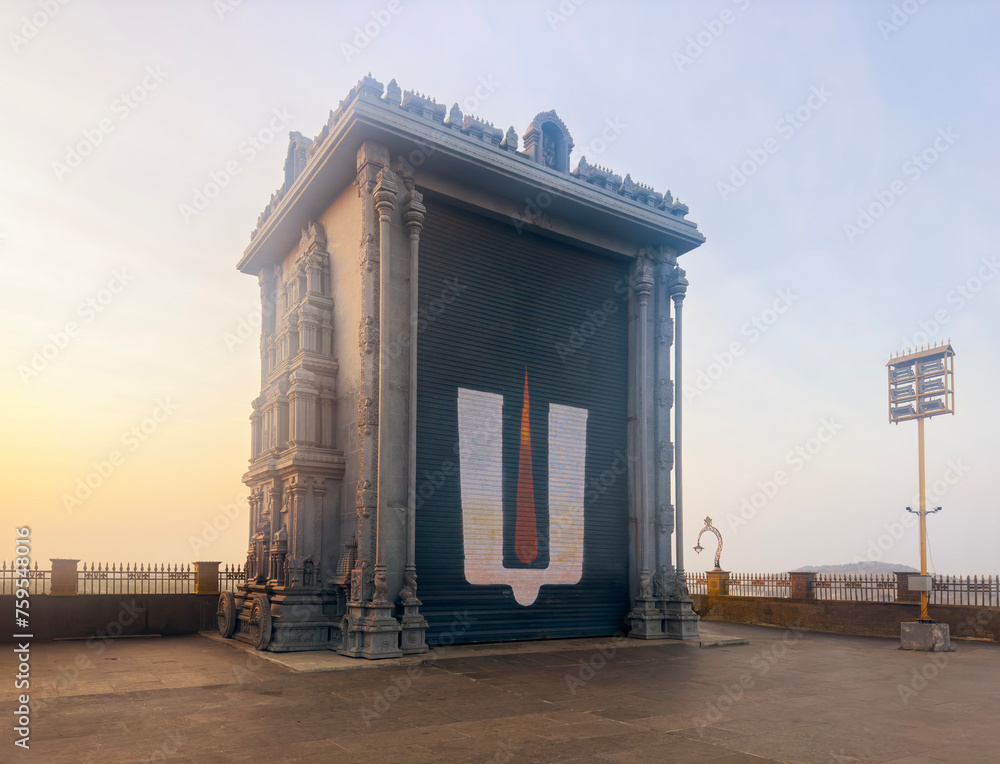 God balaji tilak on a huge entrance shutter door, gate at Sri Yadadri ...
