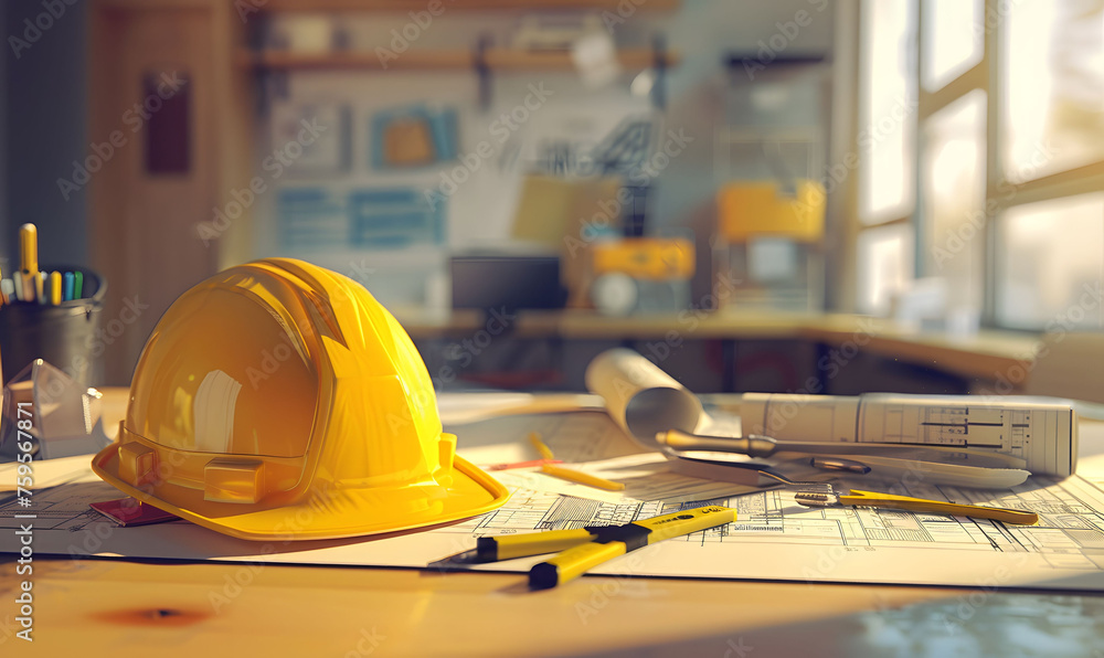 Construction blueprints and a yellow helmet placed against a ...
