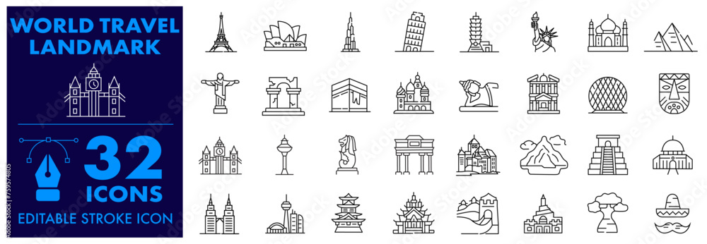World Travel Tour Concept Editable Stroke icon sets. Famous Culture ...