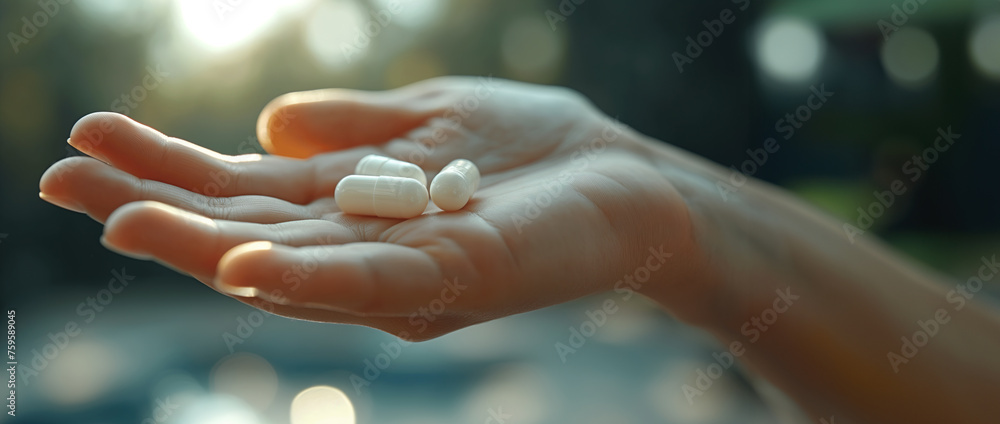 medicine in the palm of the hand, handing medicine to each other, white ...