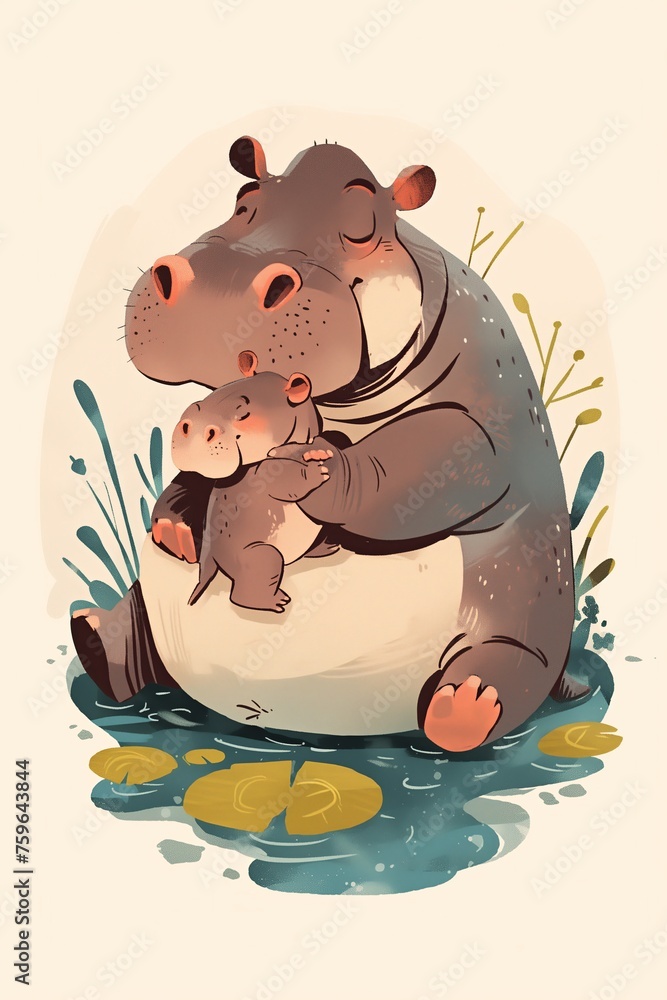 Mother hippopotamus hugs her baby, father hippo and son, daughter ...