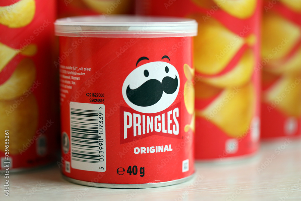 KYIV, UKRAINE - FEBRUARY 27, 2024 Pringles original potato chips on ...