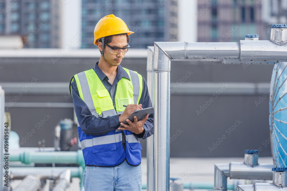 Man engineer holding tablet working at rooftop building construction ...