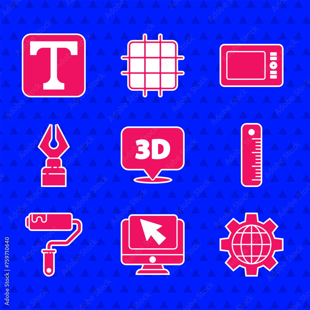 Set Speech bubble with text 3D, Computer monitor and cursor, Globe of the Earth gear, Ruler ...