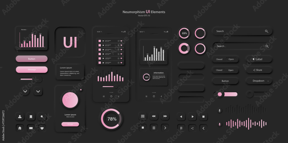 User interface elements for a mobile application in black and pink style. A set of Neomorphism ...