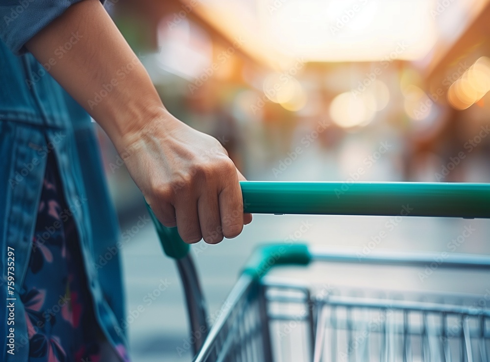 women hand push shopping cart ,supermarket , abstract blurred photo of ...