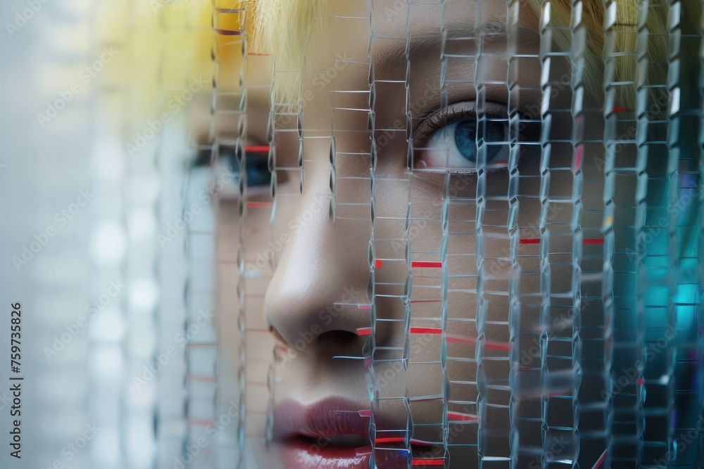 ultra-close-up portrait of a young model, halh-hidden behind the ...