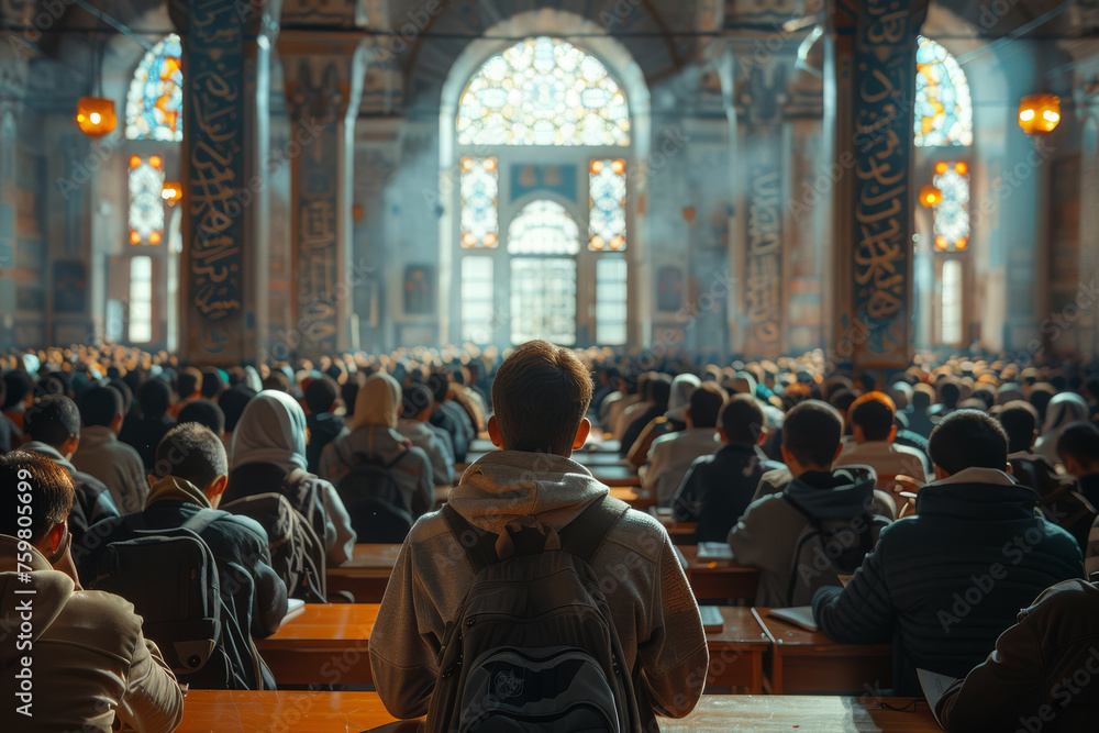 Rear view of students studying in traditional classroom in an Islamic ...