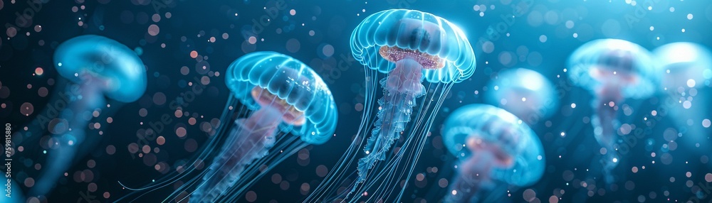 Luminous jellyfish-like creatures floating in an underwater power plant ...