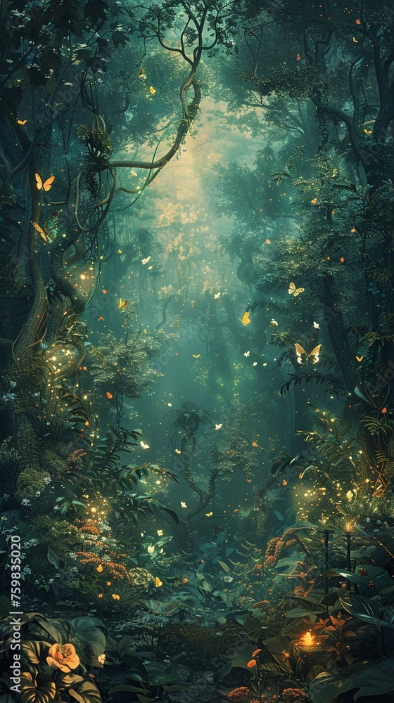 Enchanted forest 2D graphic wallpaper where mystical creatures like ...