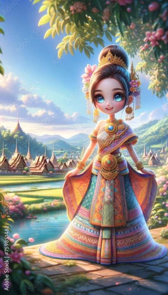 An animated girl showcases the beauty of traditional Thai attire ...