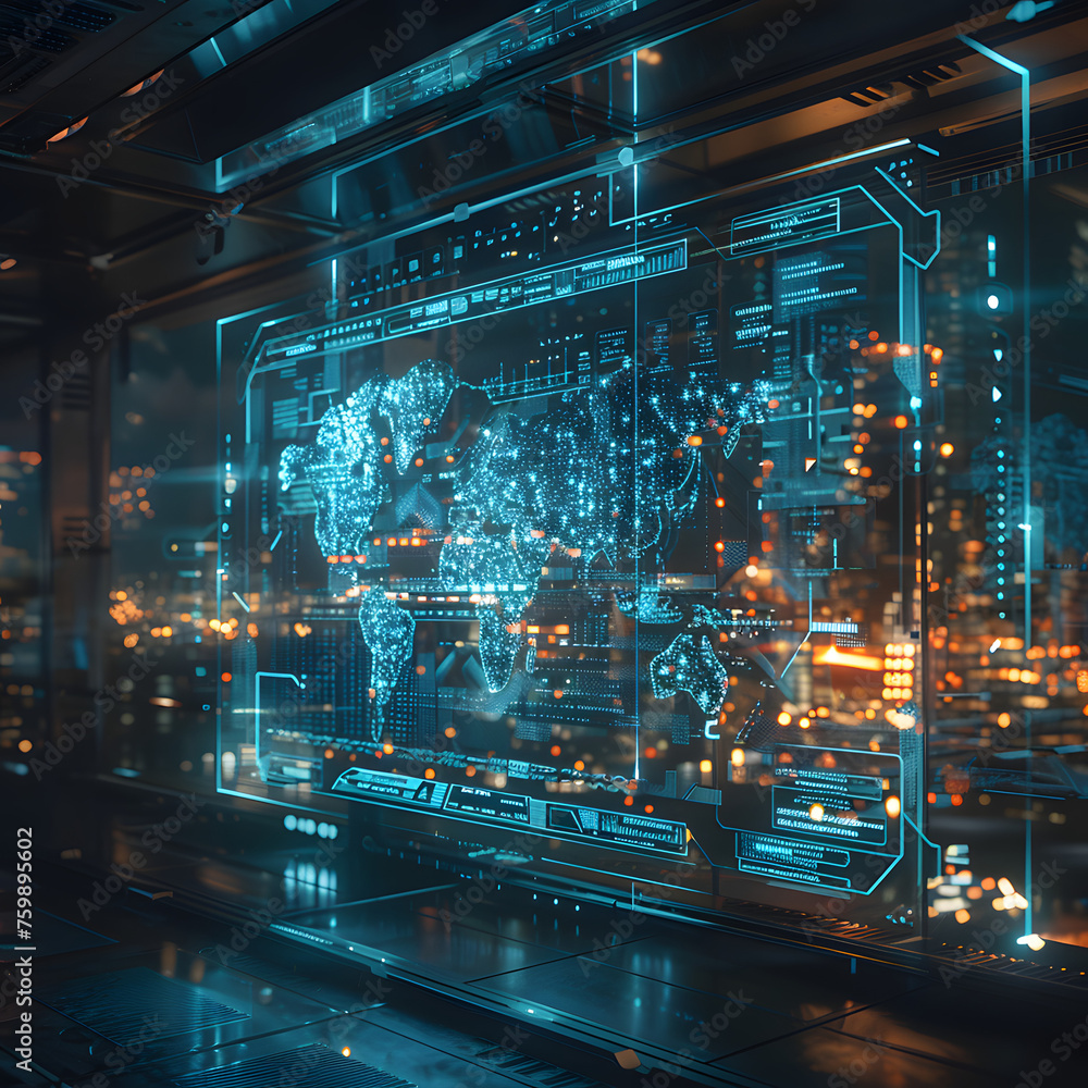 Illustration Stock Inside a high-tech control room, a holographic global data network interface ...
