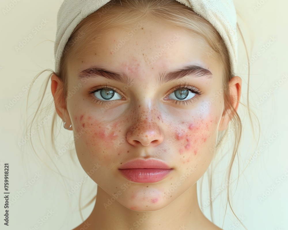 Young woman with acne problem on light background, closeup Stock Photo ...