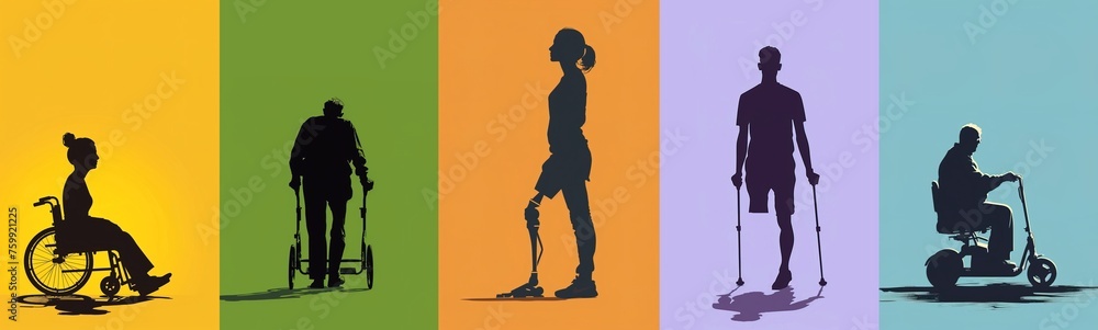 Collage silhouette of a people with different types of reduced mobility ...