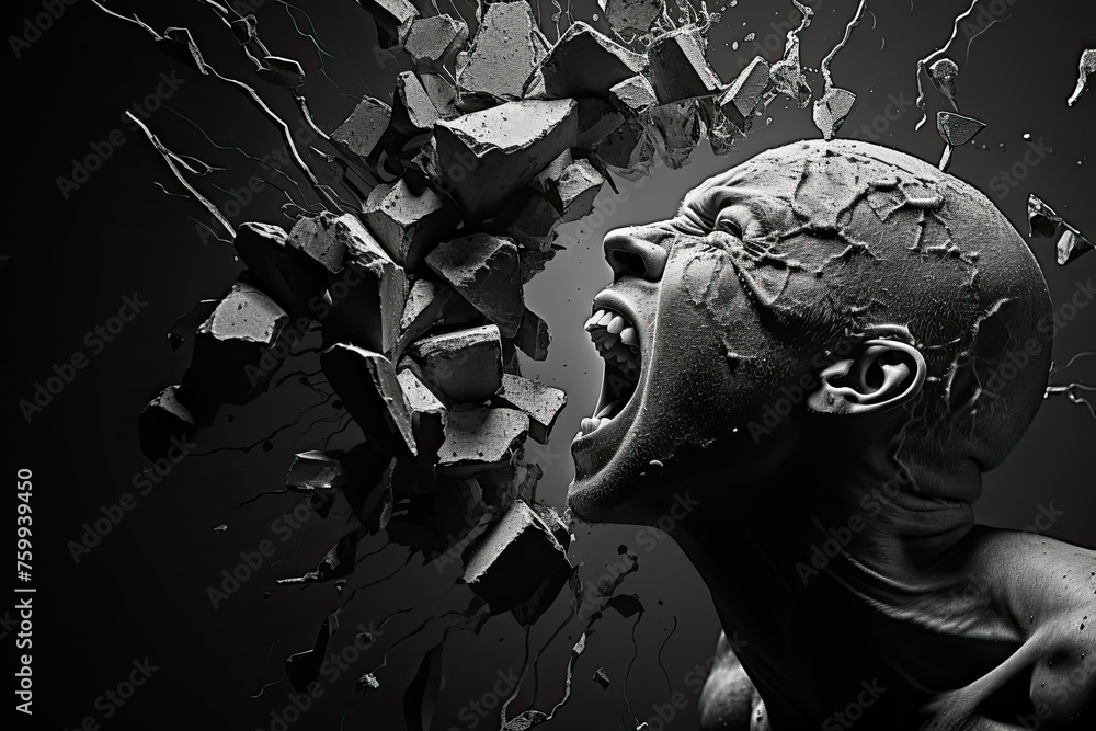 Screaming man with shattered wall. Mental Health concept. Human face ...