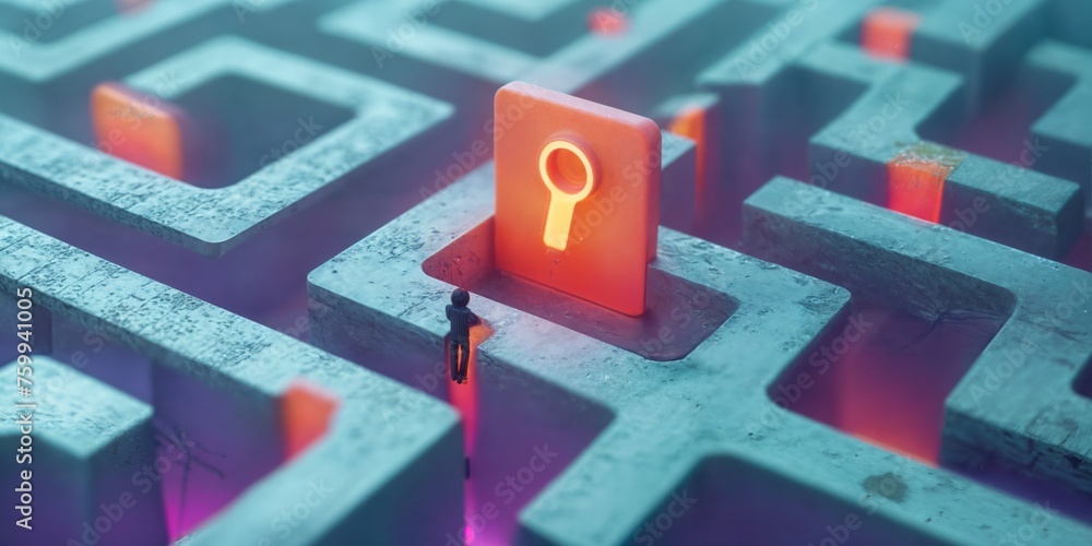 A maze made of 3D office cubicles, with a small figure navigating ...