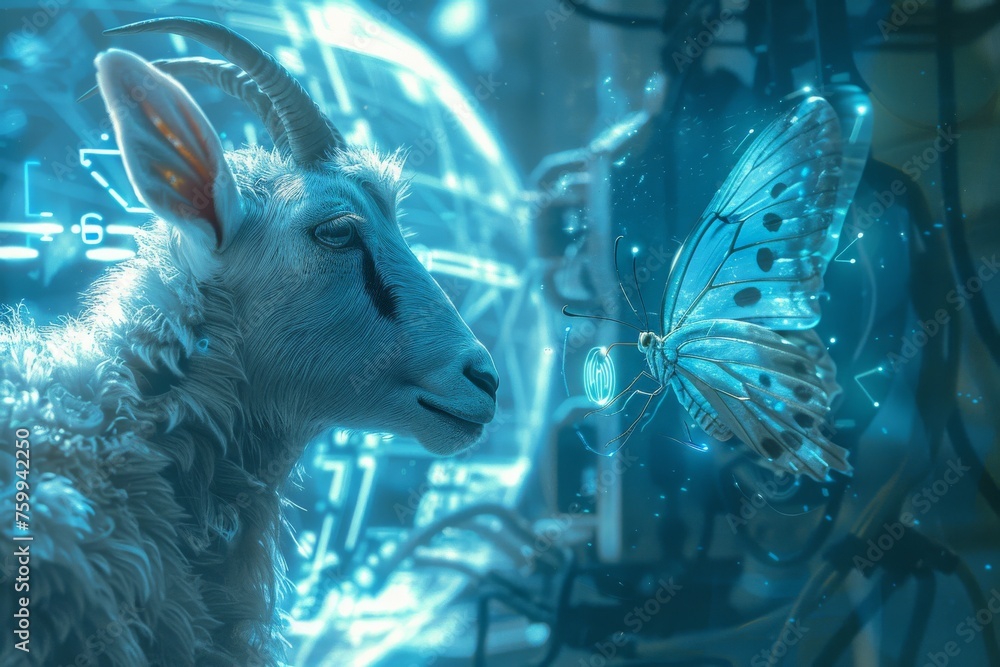 Within a futuristic biodome, a goat scientist gazes at a luminescent ...