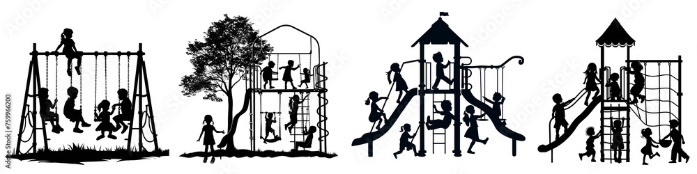 Children Playing at Playground Park, Silhouette Stick Figure clipart ...