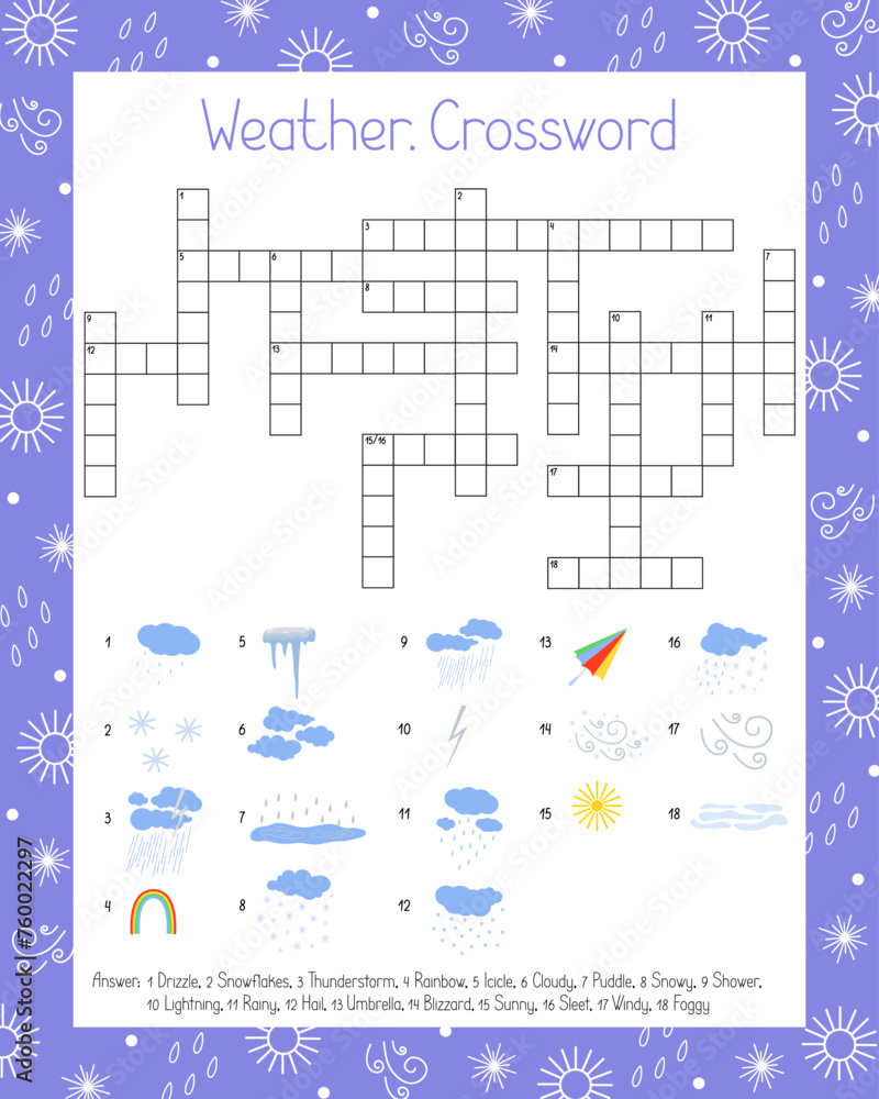 Stock-Vektorgrafik „Weather crossword puzzle, word search activities ...