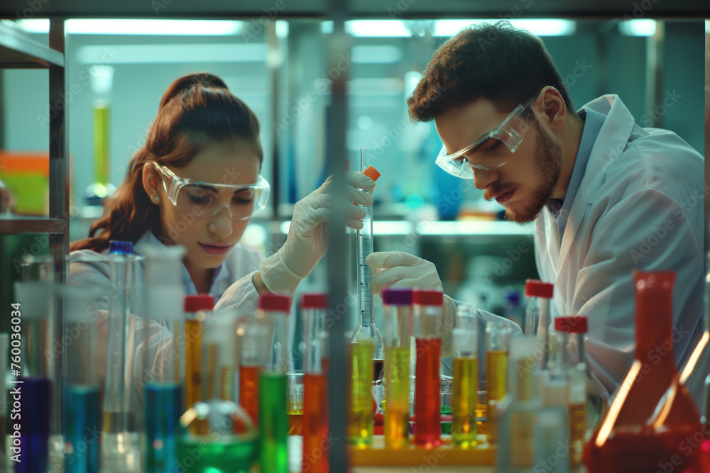 Young scientist chemists are working in a laboratory with many ...