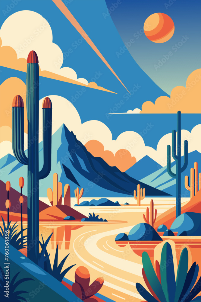 Stunning vector flat illustration of desert sunset with cacti ...