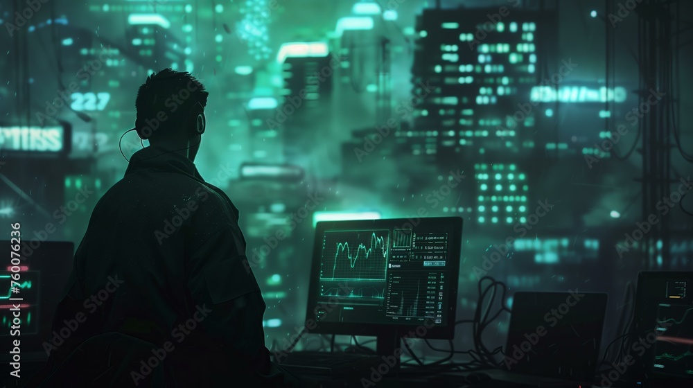 dark silhouette of an advanced hacker in front a computer, surrounded by glowing green data ...