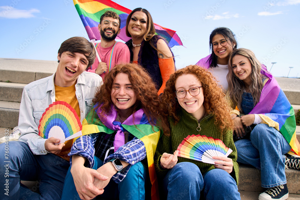 Portrait group diverse people smiling for gay pride day photo. Young ...