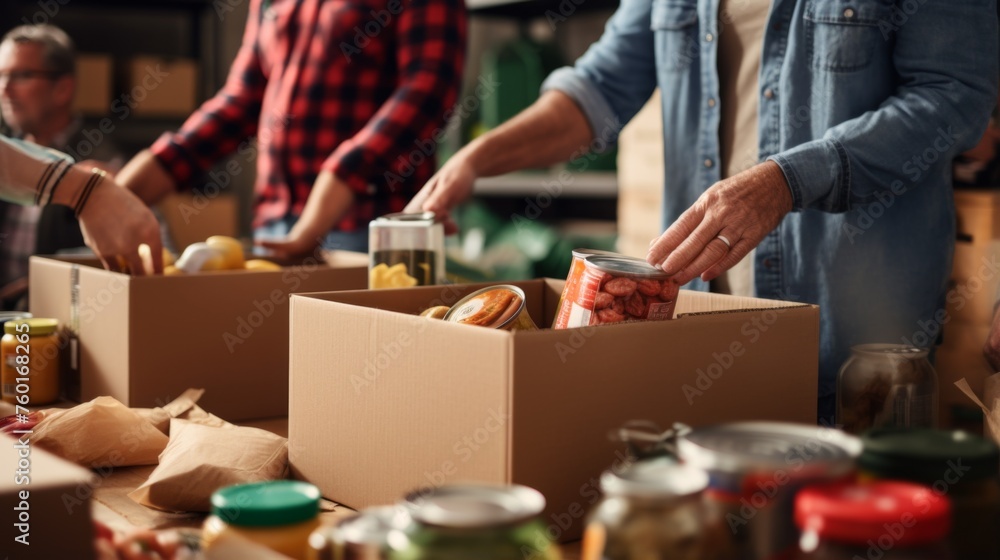 Hands of volunteers organizing and packing canned food donations into ...