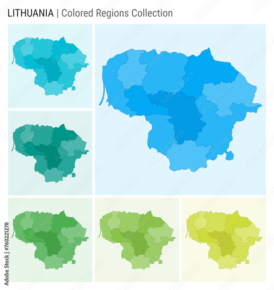 Lithuania map collection. Country shape with colored regions. Light ...