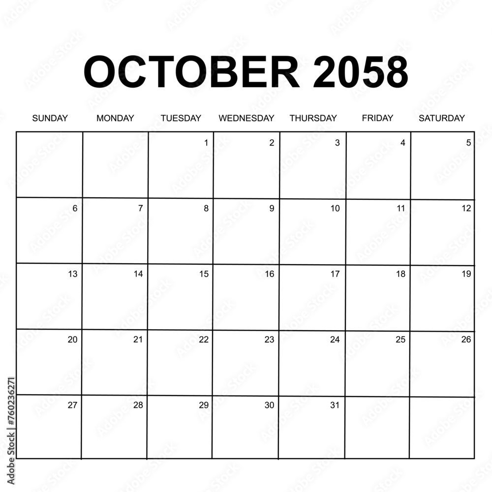 october 2058. monthly calendar design. week starts on sunday. printable ...